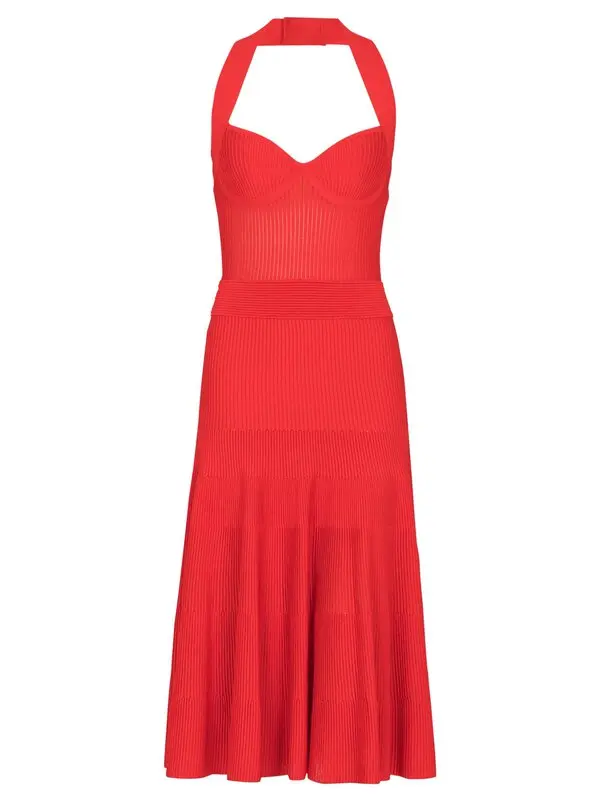 Balmain Halterneck Pleated Knit Midi Dress - Red