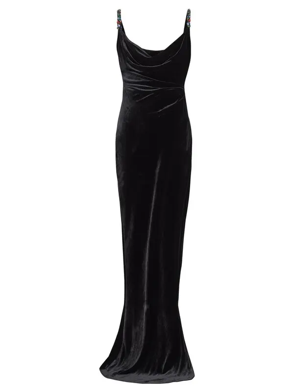 Balmain Long Velvet Dress With Embellished Straps - Black