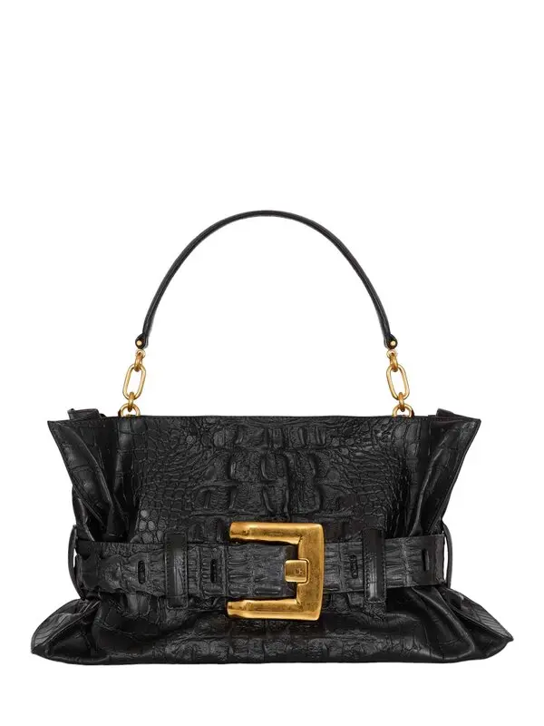 Balmain Medium Anthem Bag In Embossed Crocodile-print Calfskin - Black