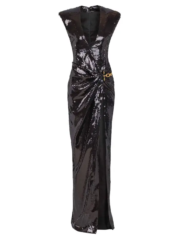 Balmain Long Draped Sequin Dress - Black