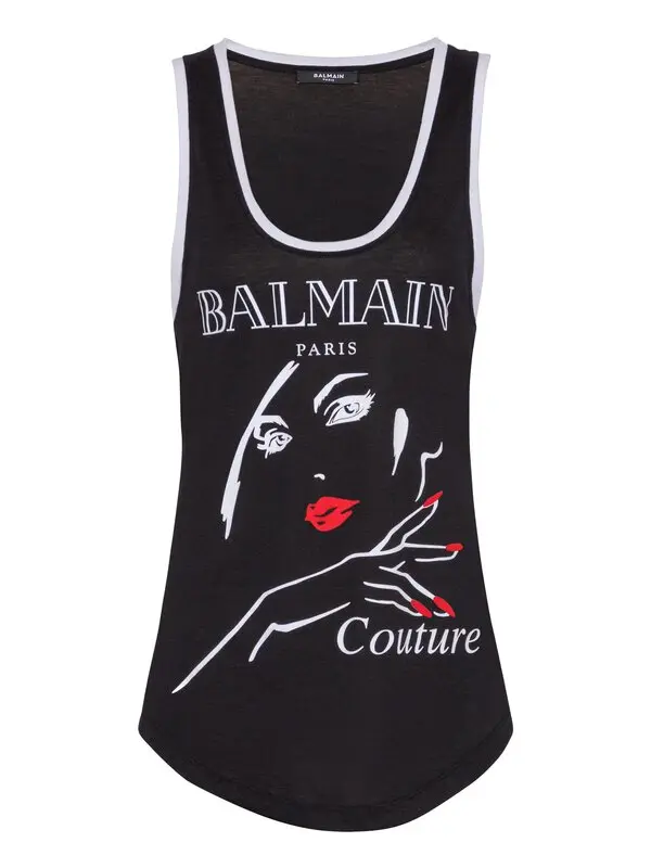 Balmain Flocked Tank Top With Beauty Print - Black