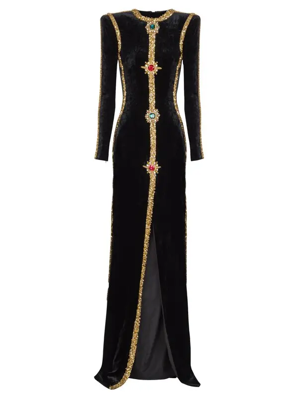 Balmain Long Embellished Velvet Dress - Black