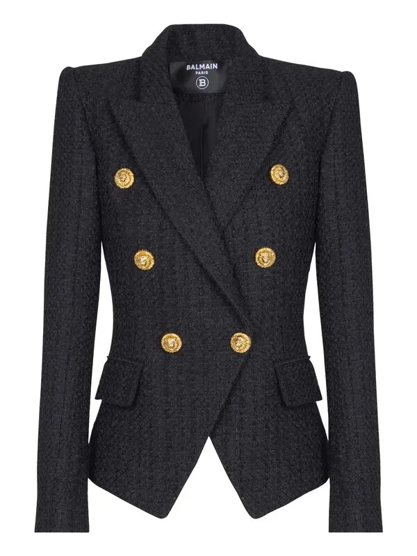 Balmain Tweed Jacket With Lion Head Buttons - Black