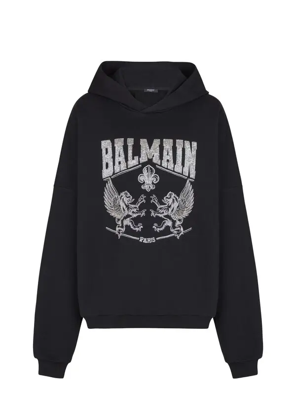 Balmain Cotton Jersey Hoodie With Crystal Embroidery - Black