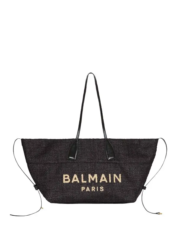 Balmain Track Tote Bag In Raffia And Calfskin - Black