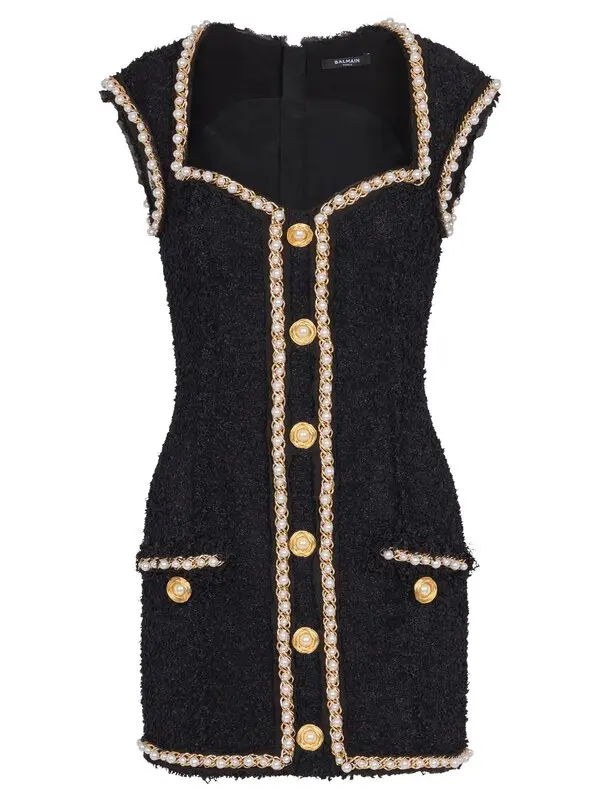 Balmain Tweed Mini Dress With Pearl Trim - Black