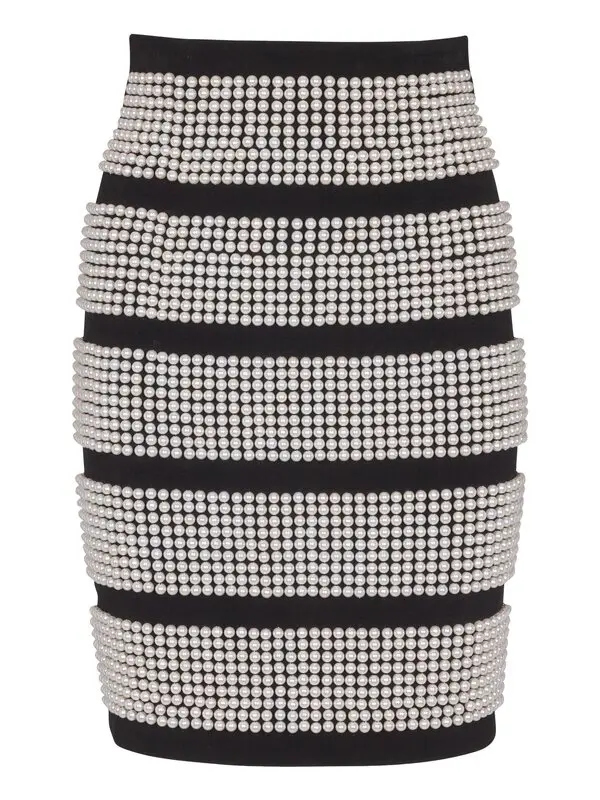 Balmain High-waist Striped Mini Skirt With Pearl Embroidery - White