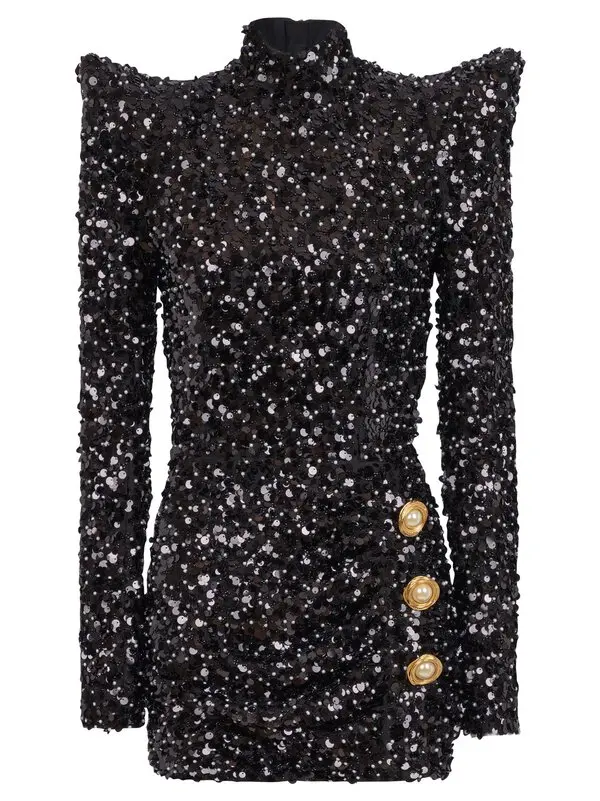 Balmain Buttoned Sequined Mini Dress - Black