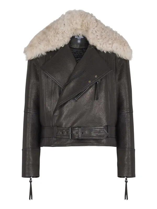Balmain Leather Biker Jacket With Shearling Collar - Black