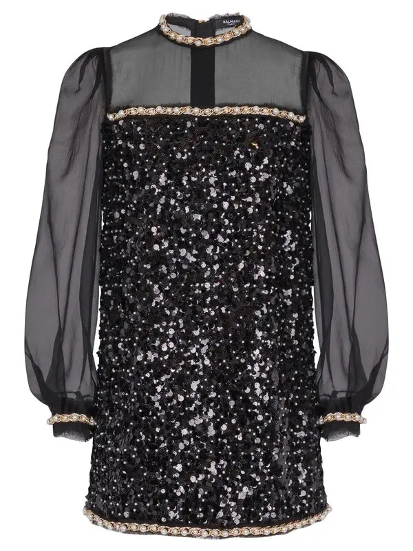 Balmain Chiffon And Beaded Sequin Dress - Black