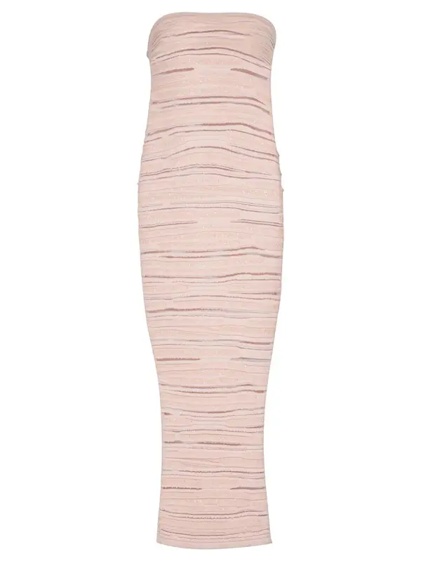 Balmain Strapless Shiny Rolled Knit Dress - Beige