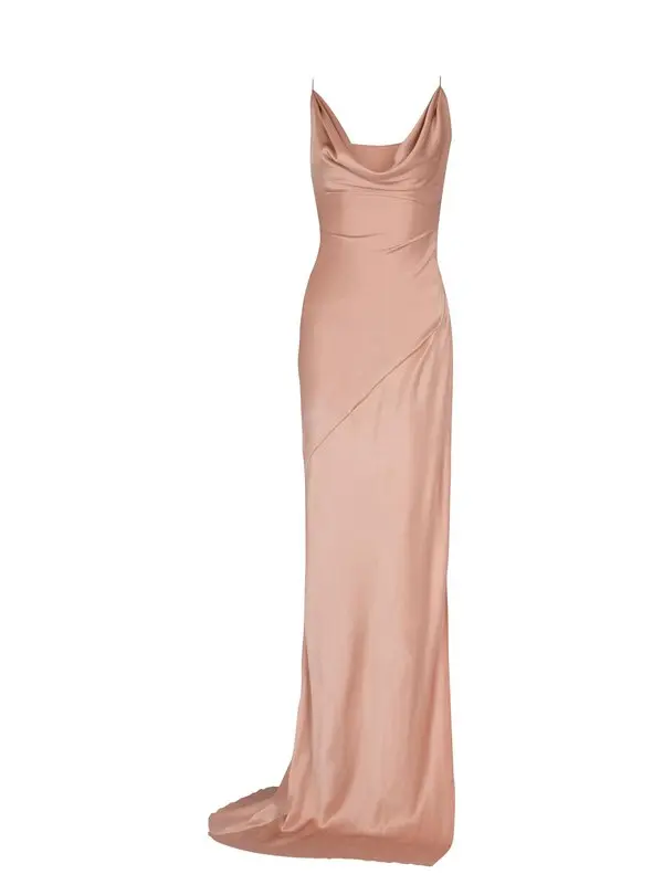 Balmain Draped Satin Slit Dress - Beige