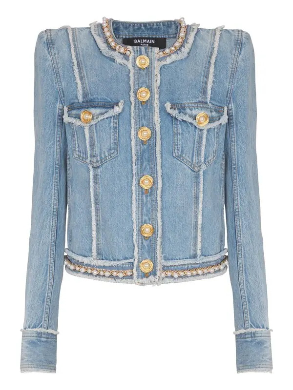 Balmain Denim Jacket With Pearl Trim - Blue