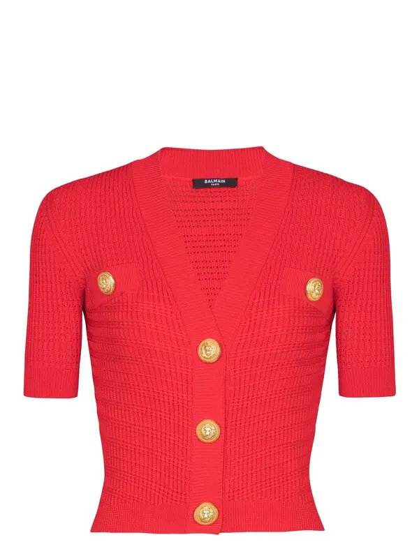 Balmain Short-sleeve Buttoned Knit Crop Cardigan - Red