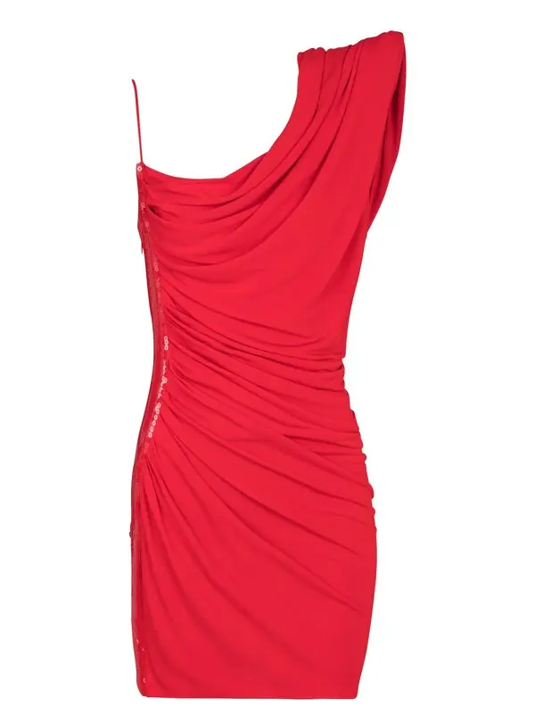 Balmain Draped Asymmetrical Rhinestone Dress - Red