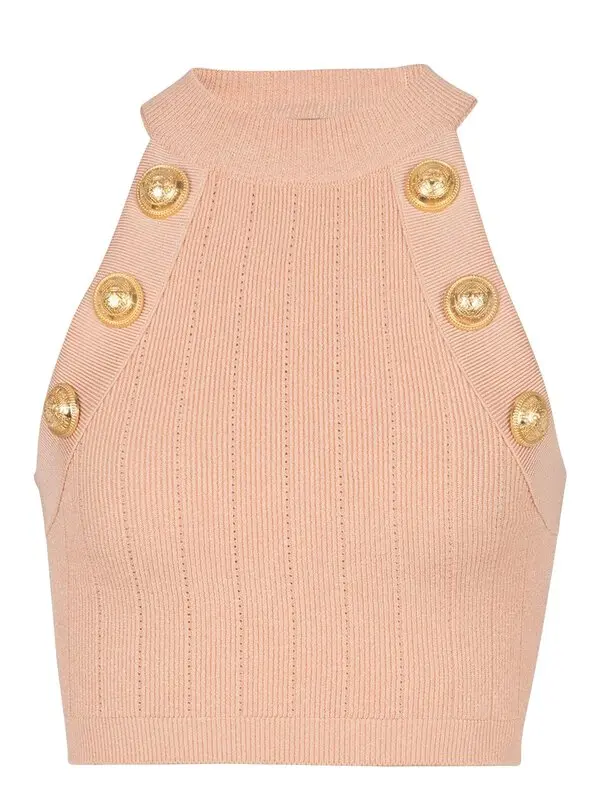Balmain Six-buttons Halterneck Knit Cropped Top - Beige