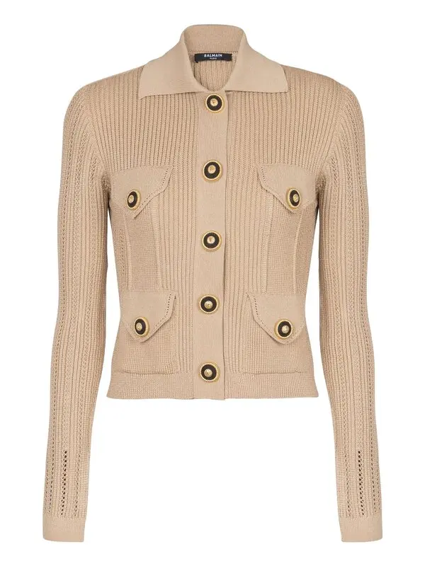 Balmain Cropped Ribbed Knit Cardigan - Beige