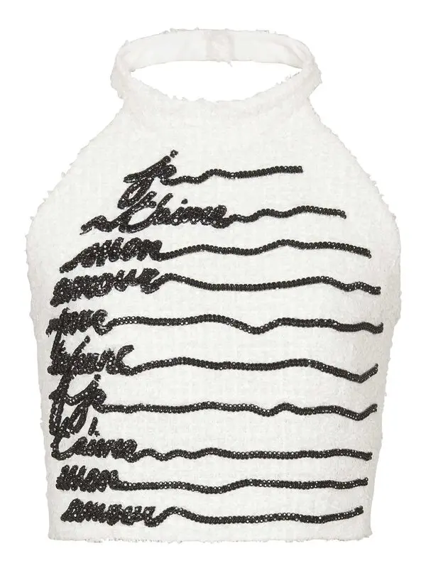 Balmain Halterneck Embroidered Tweed Top - White