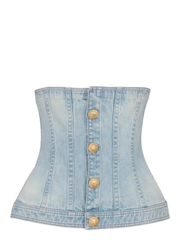 Balmain Buttoned Denim Corset Top - Blue