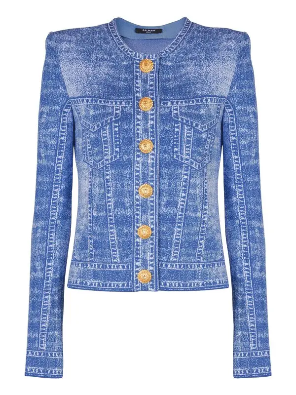 Balmain Jacquard Knit Cardigan With Denim Effect - Blue