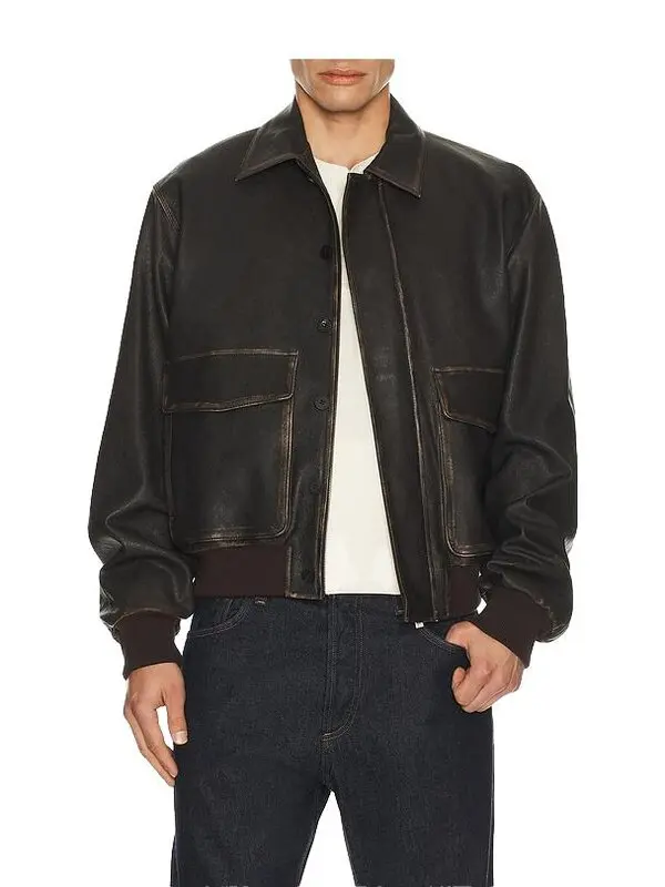 LE17SEPTEMBRE Distressed Leather Bomber Jacket - Brown