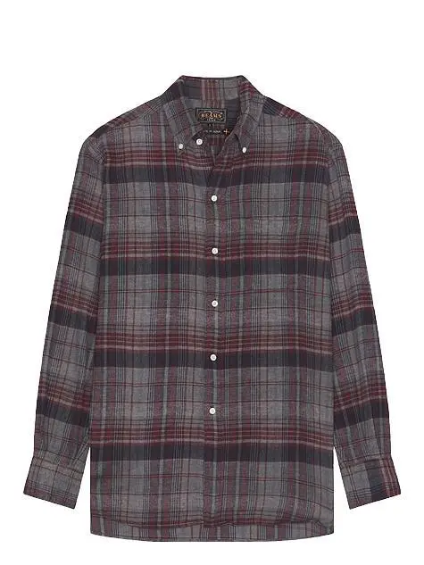 BEAMS Open Collar Brushed Satin Plaid Shirt - Red