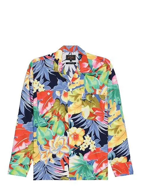 BEAMS Mil Open Collar Tropical Pattern Print In Black - Navy