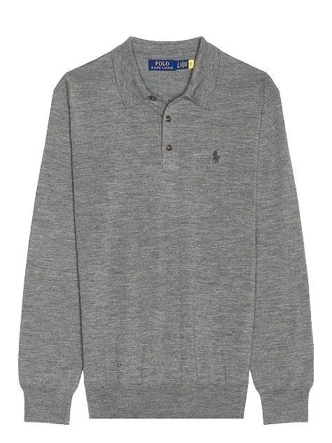 Polo Ralph Lauren Merino Wool Button Placket Polo Sweater In Grey - Fawn Grey Heather