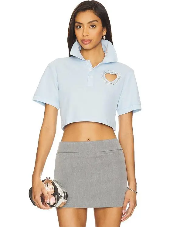 AREA Crystal Heart Cutout Cropped Polo Top - Baby Blue