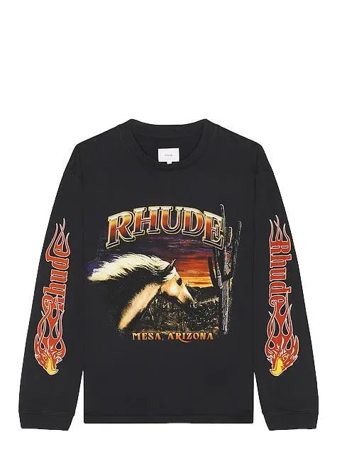 Rhude Mesa Stallion Long Sleeve Tee In Black - Vintage Black  Red  & Yellow