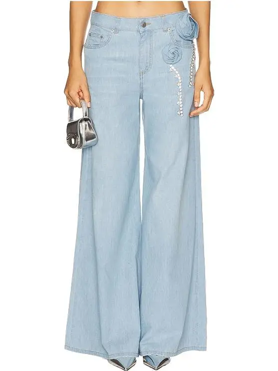 AREA Crystal Rosette Wide Leg Jeans - Super Light Blue