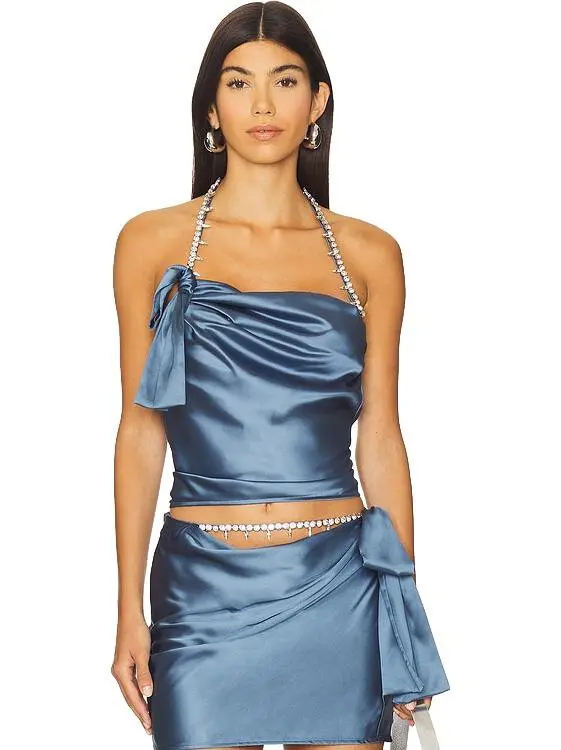 AREA Crystal Embellished Satin Halter Top - Steel Blue