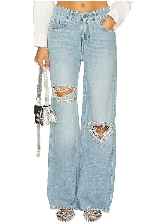 AREA Distressed Crystal Relaxed Slit Jean - Medium Blue