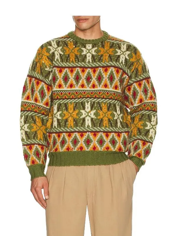 BEAMS Crew Fair Isle Pattern 3g Sweater - Green
