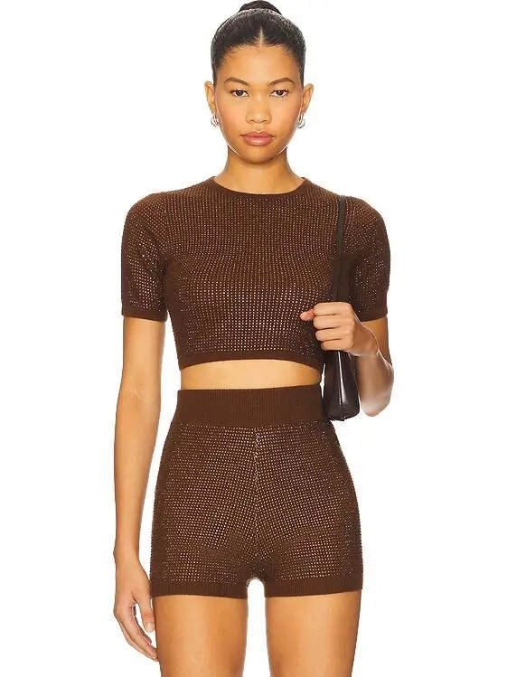 David Koma Rhinestone Embroidered Knit Crop Top - Brown