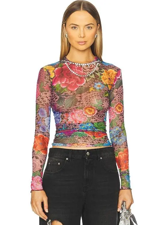 AREA Crystal Embellished Printed Tulle Long Sleeve Top - Pink Multi