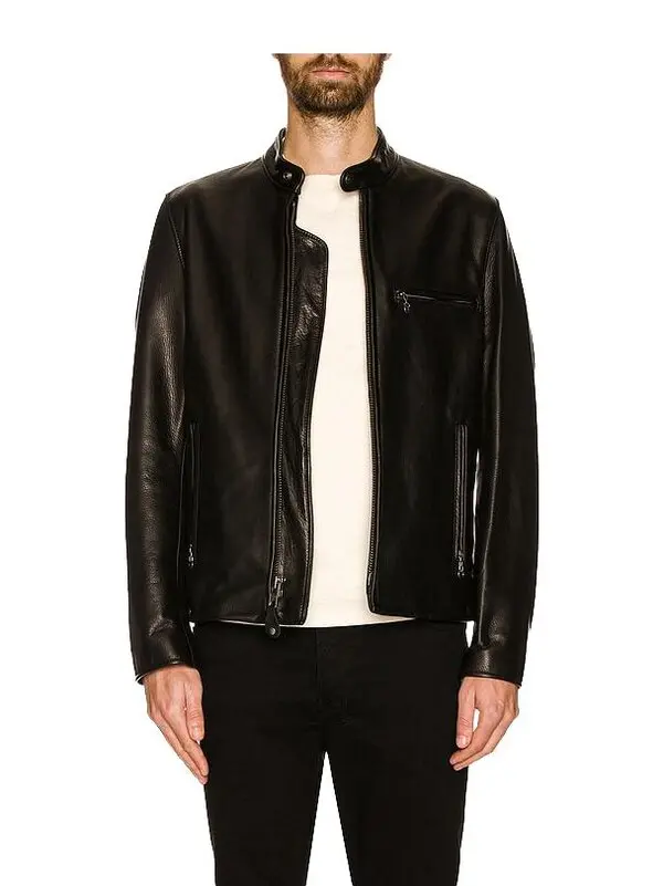 SCHOTT Waxed Natural Pebbled Cowhide Cafe Leather Jacket - Black