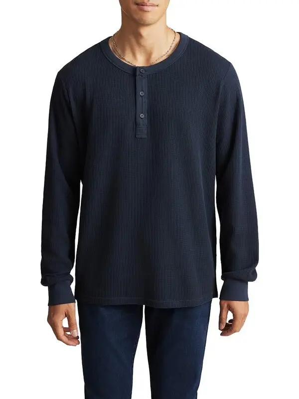MAVI Regular Fit Waffle Knit Cotton Henley - Total Eclipse