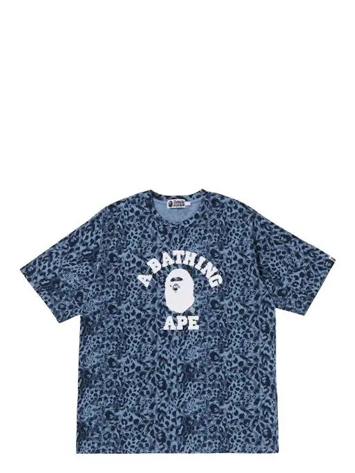 A BATHING APE Wild Leopard Pattern College Relaxed Fit Tee Shirt - Navy Blue