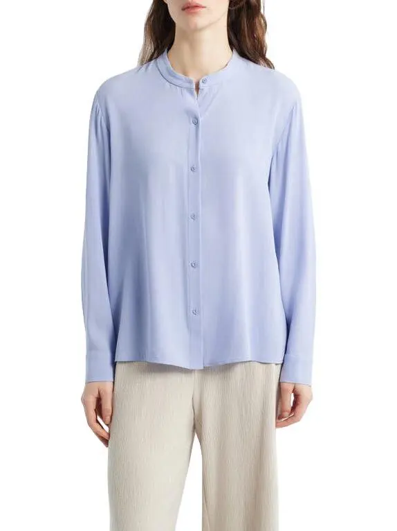 Eileen Fisher Mandarin Collar Silk Button-up Shirt - Plume
