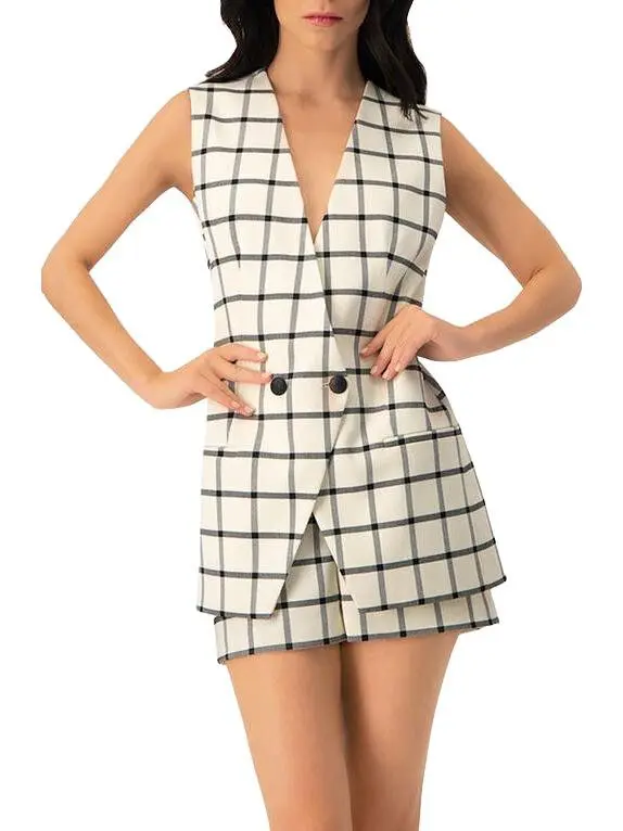 IVONNE Double Breasted Checkered Vest - Natural