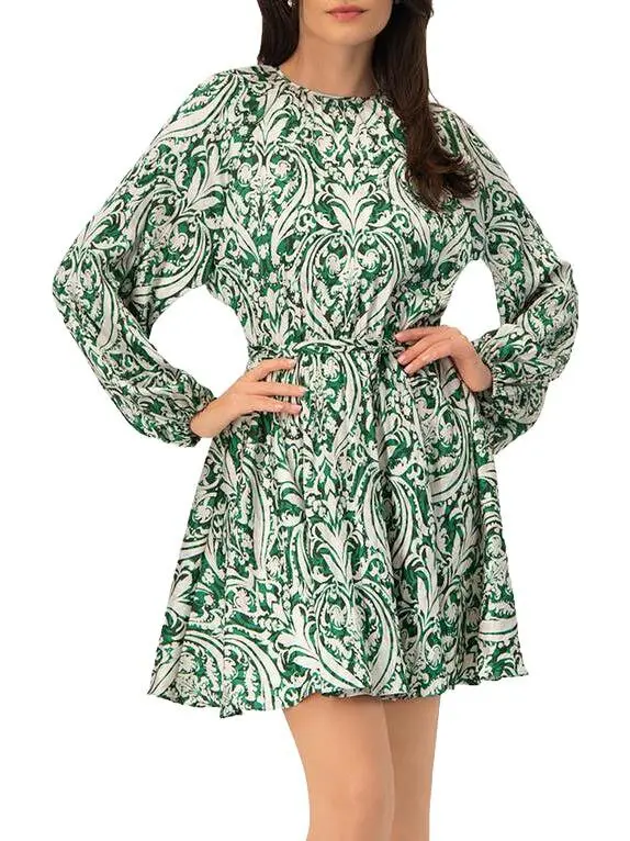 IVONNE Baroque Print Mini Dress With Belted Waist - Green