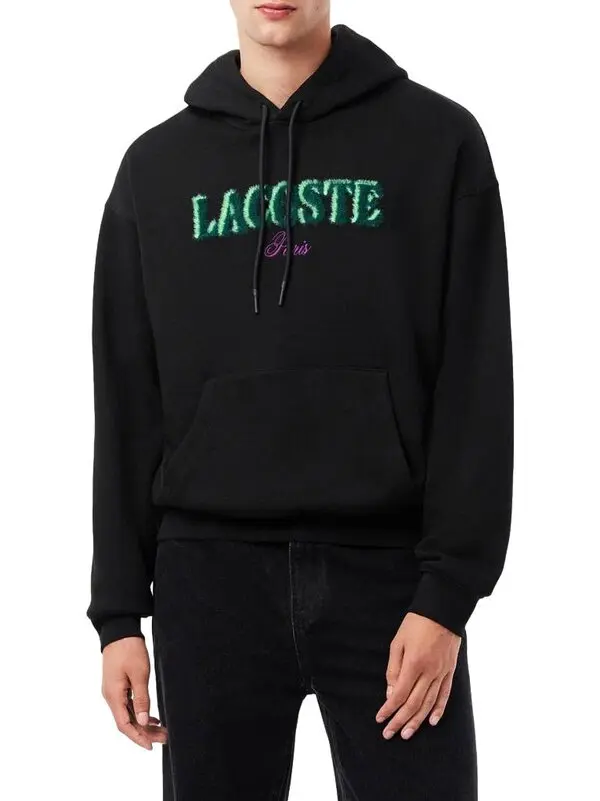 Lacoste Loose Fit Cotton French Terry Hoodie With Fuzzy Logo - Black