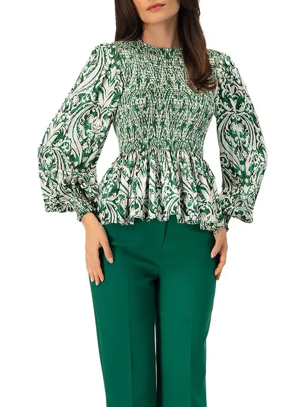 IVONNE Baroque Print Smocked Peplum Blouse - Green