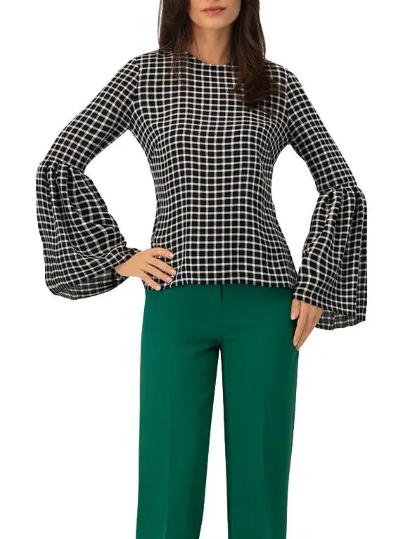 IVONNE Check Print Blouse With Puffed Sleeves - Black
