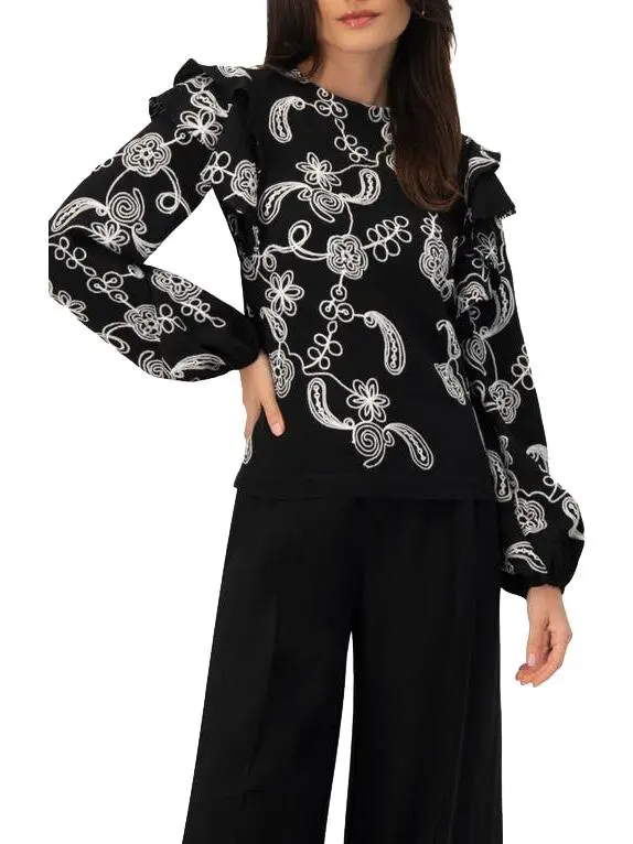 IVONNE Blouse With Embroidery And Ruffle Detail - Black