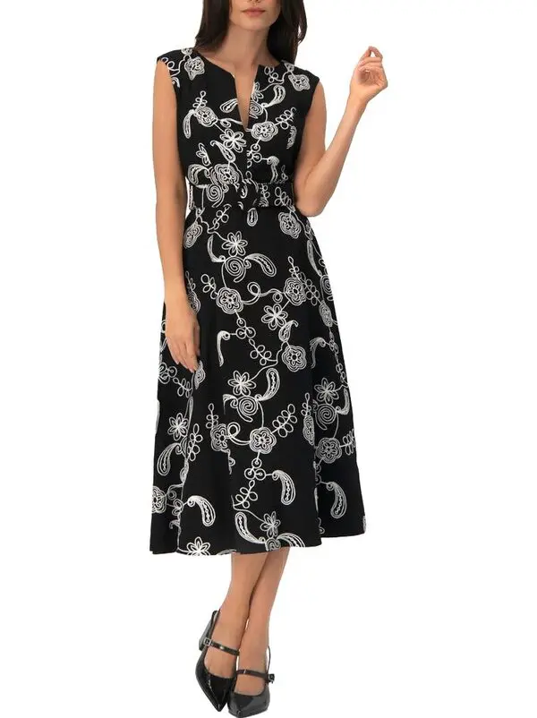 IVONNE Embroidered Belted Midi Dress - Black