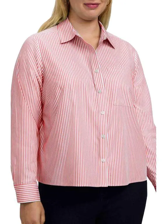 Foxcroft Jodie Stripe Cotton Button-up Blouse - Coral Reef Red/white
