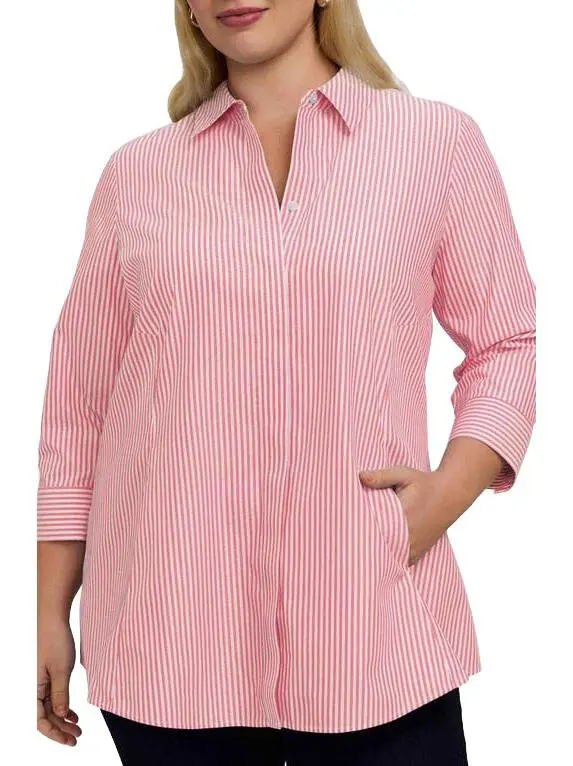 Foxcroft Cici Stripe Cotton Tunic Blouse - Coral Reef Red/white