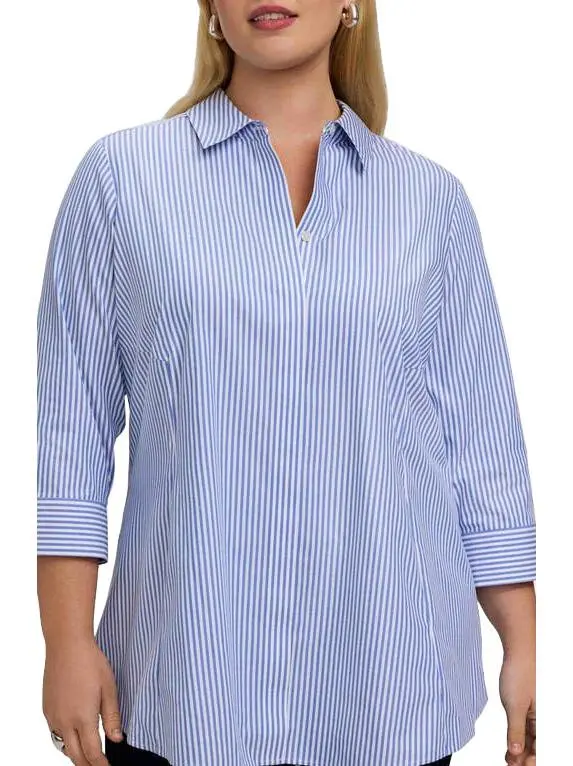 Foxcroft Cici Stripe Cotton Tunic Blouse - Powder Blue/white